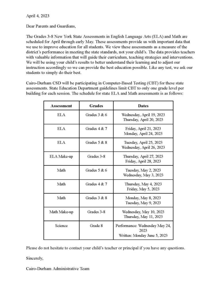 Grades 3 8 NYS Testing Letter Cairo Durham Central School District Grades 3 8 NYS Testing Letter Cairo Durham Central School District